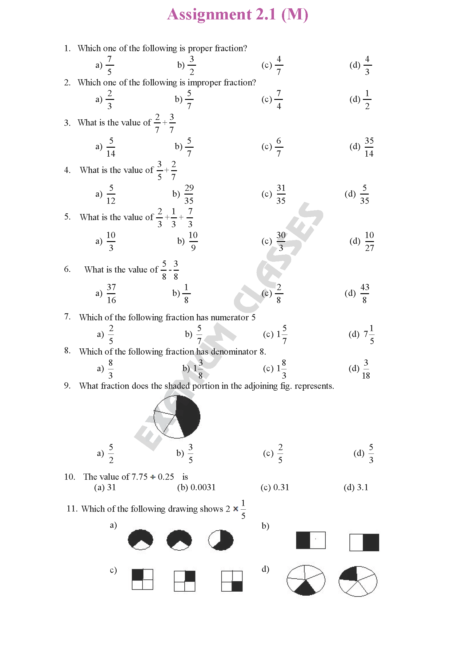 Class 7 Mathematics Chapter 2 Fractions And Decials Assignment 1