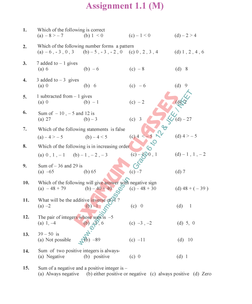 Class 7 Mathematics Chapter 1 Integers Assignment 1