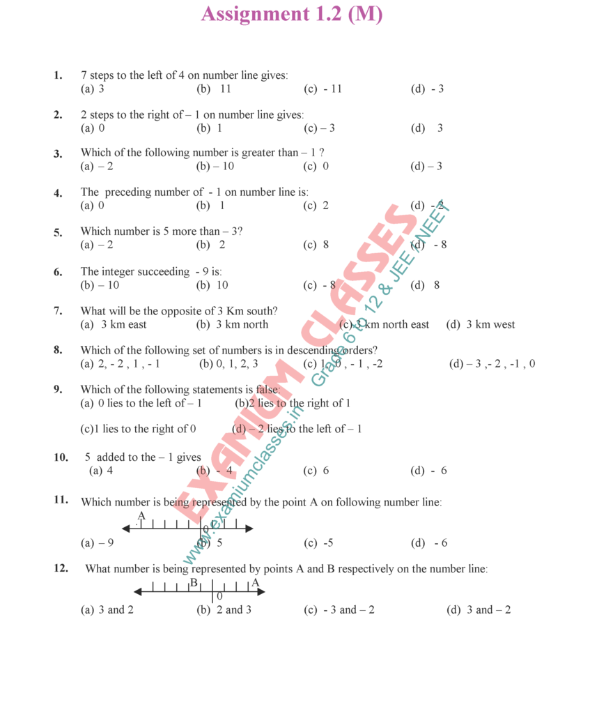 Class 7 Mathematics Chapter 1 Integers Assignment 2