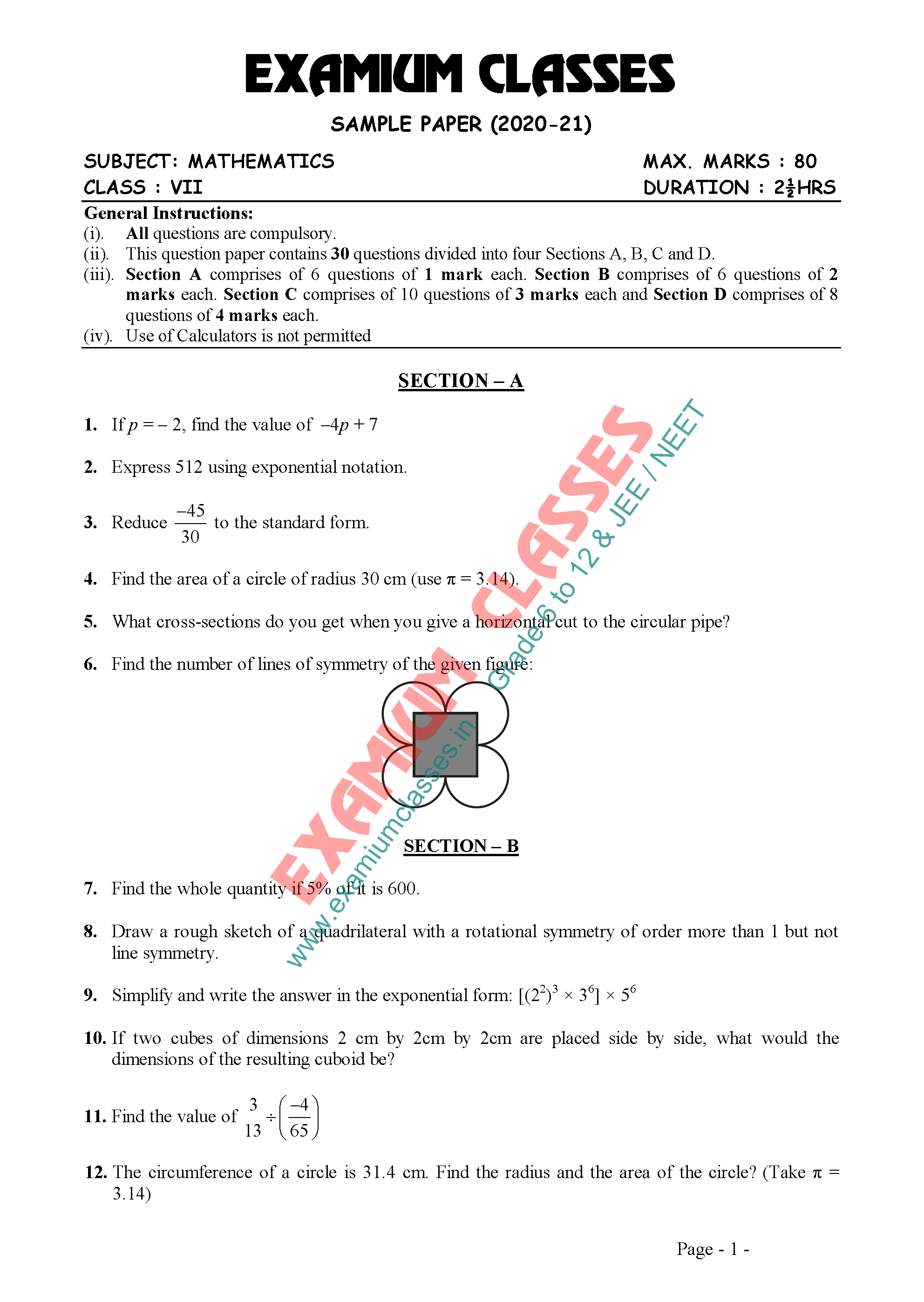Class 7 Mathematics Sample Paper 1 - EXAMIUM CLASSES